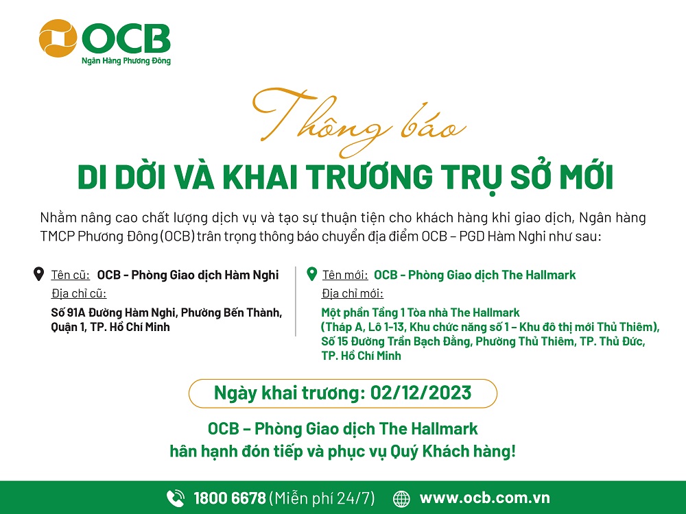 OCB thông báo di dời và khai trương trụ sở mới PGD Hàm Nghi - Thế Giới Ảnh